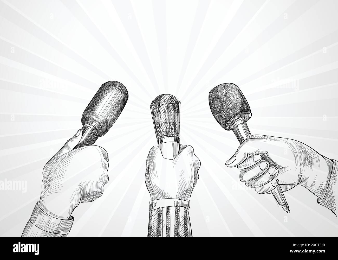 Journalism and conference concept Many reporter hands hold microphones sketch design Stock ...
