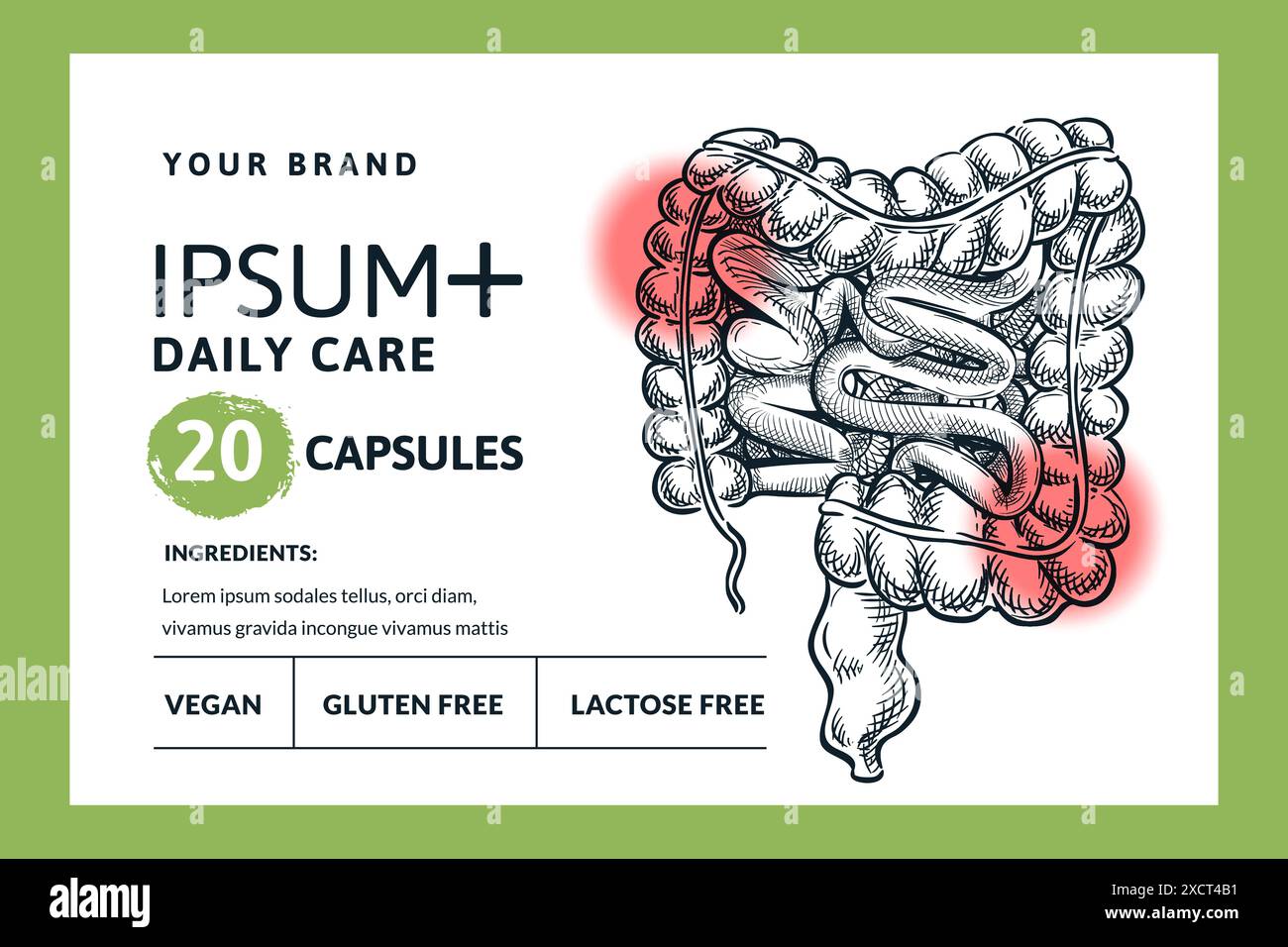 Intestine disease pain concept. Capsules or pills package, label ...