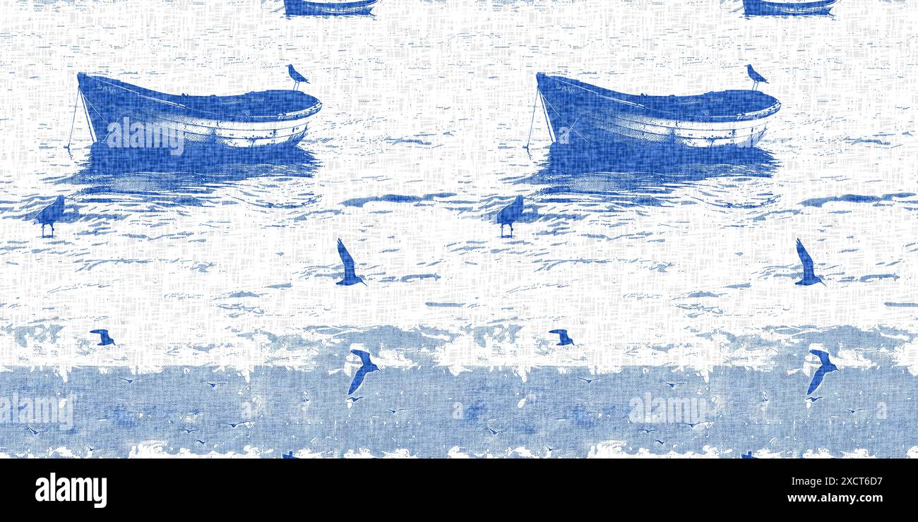 Coastal sail boat in azure ocean blue seamless border background ...
