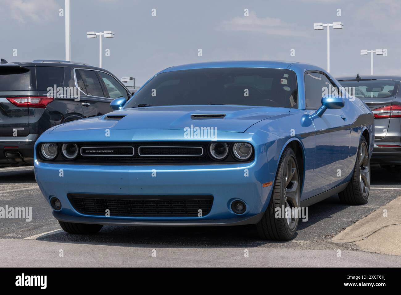Plainfield - June 16, 2024: Used Dodge Challenger display. With pricing ... Plainfield - June 16, 2024: Used Dodge Challenger display. With pricing ...