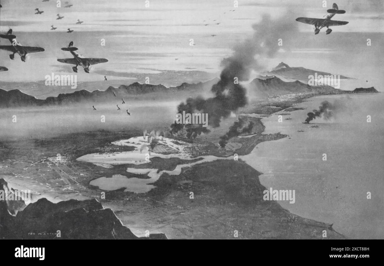 A drawing captures the tragic onset of the attack on Pearl Harbor, with ...