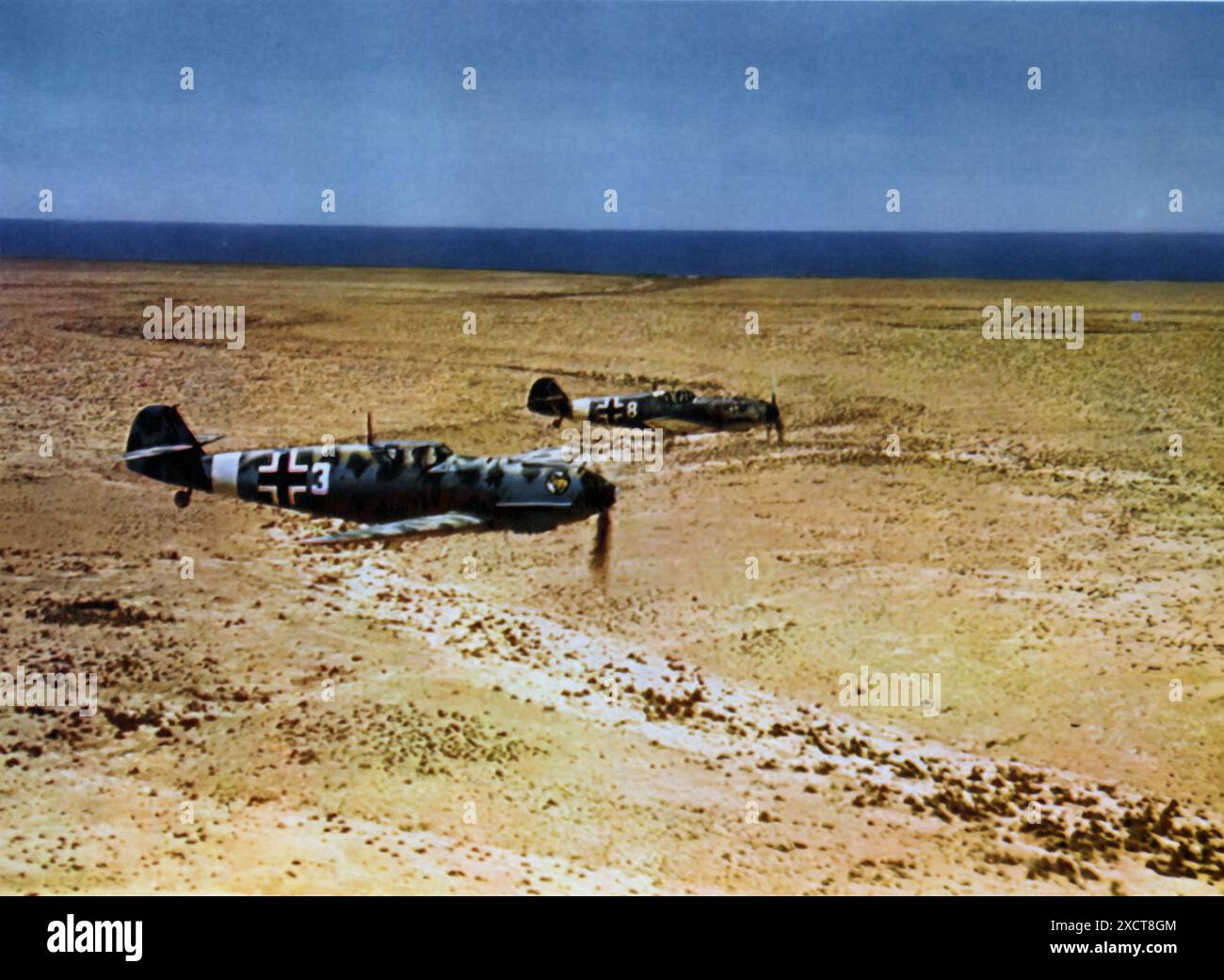 A photograph shows German fighter planes (Jäger) in Africa during the ...
