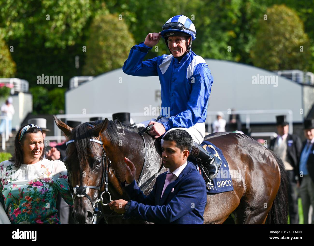 Ascot, UK. 18 June, 2024. Jim Crowley with Israr after their win in the ...