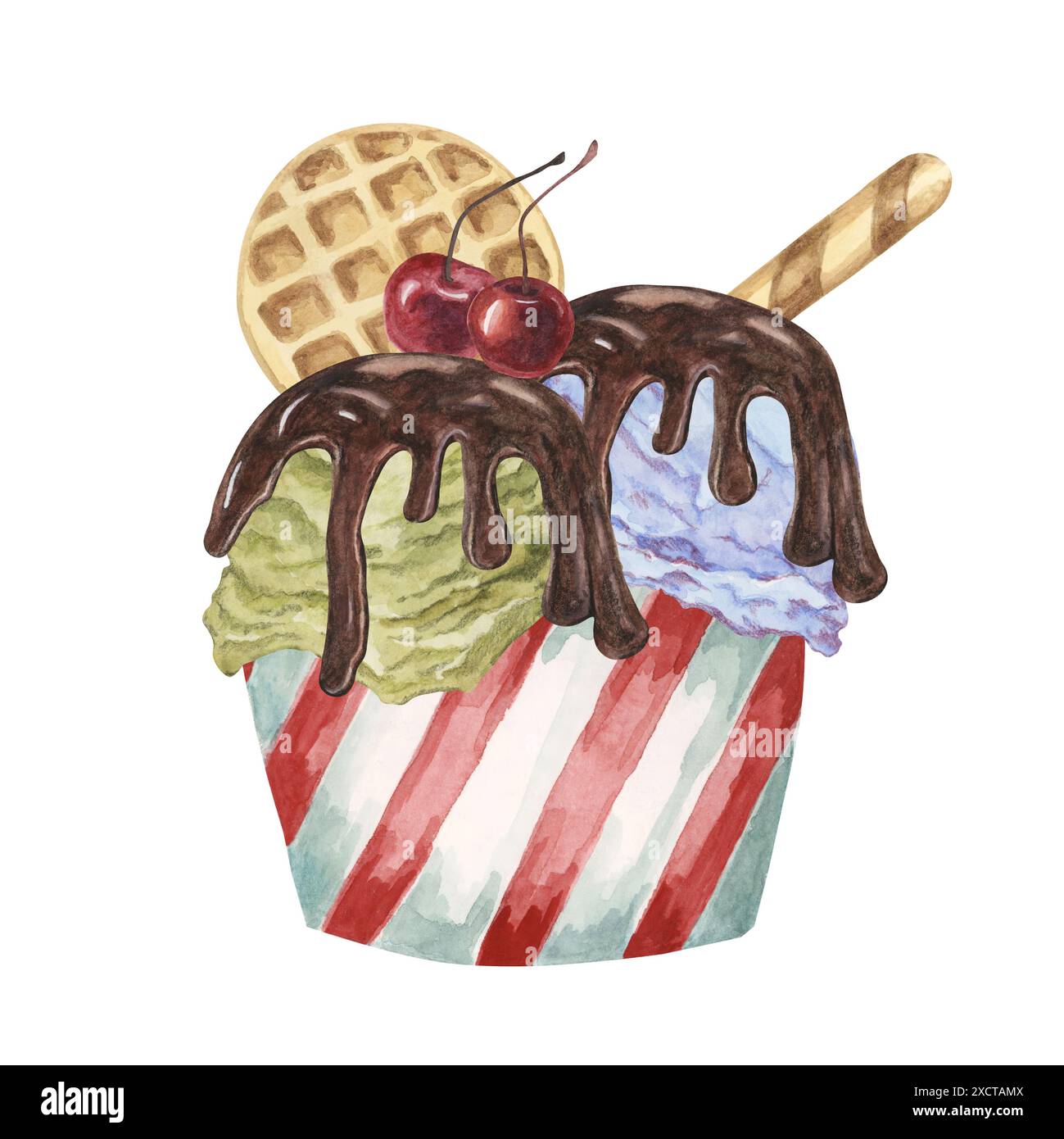 Ice cream sundae in the striped paper cup with chocolate sirup, waffles ...