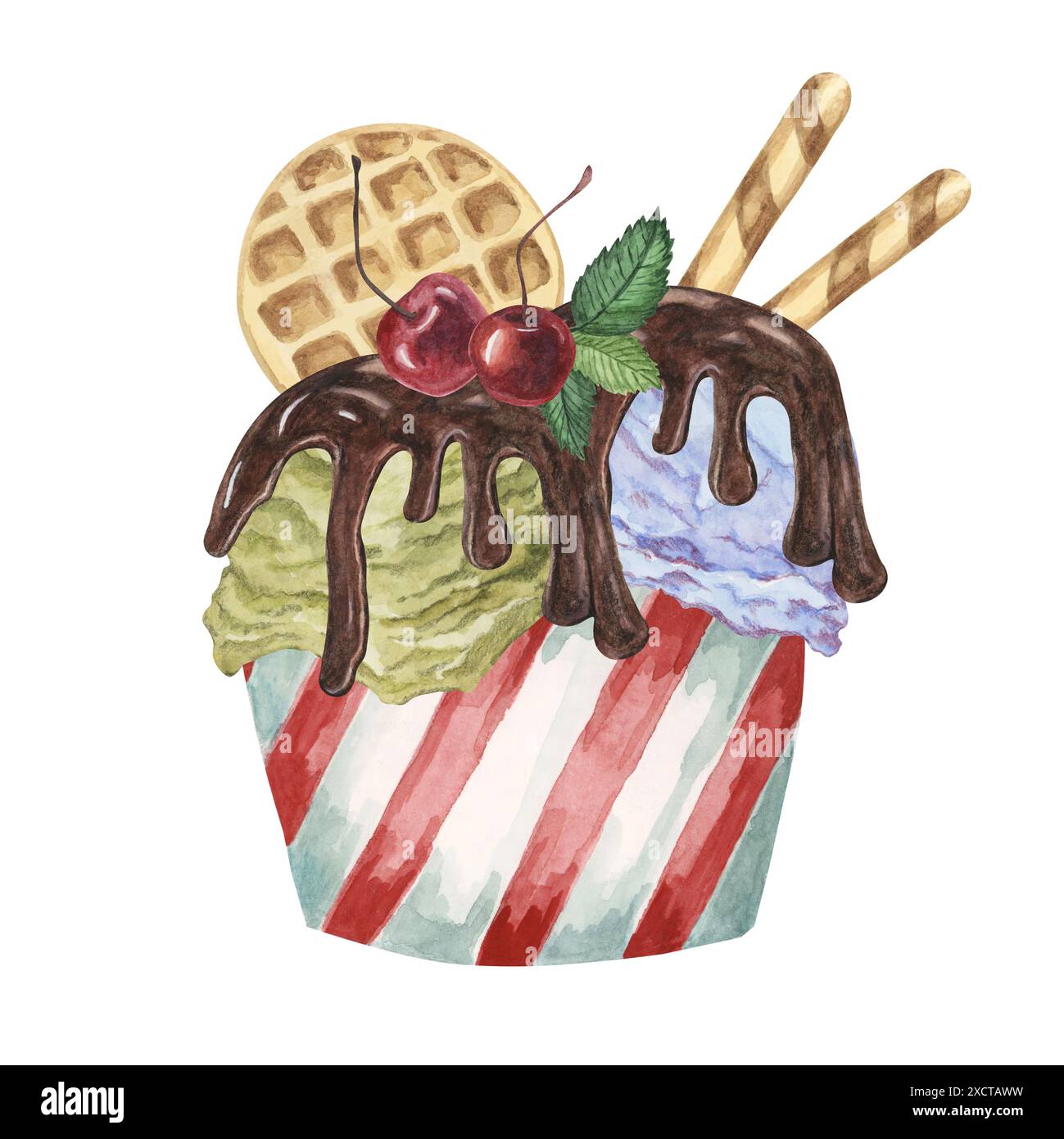 Ice cream sundae in the striped paper cup with chocolate sirup, waffles ...