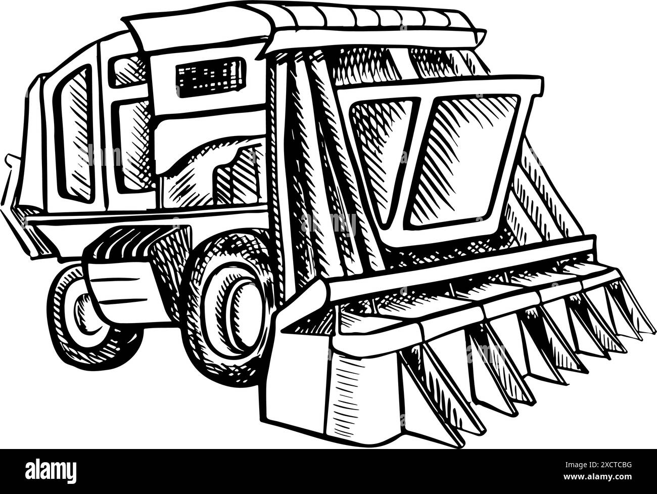 Cotton harvester. Black and white vector graphic illustration drawn by ...