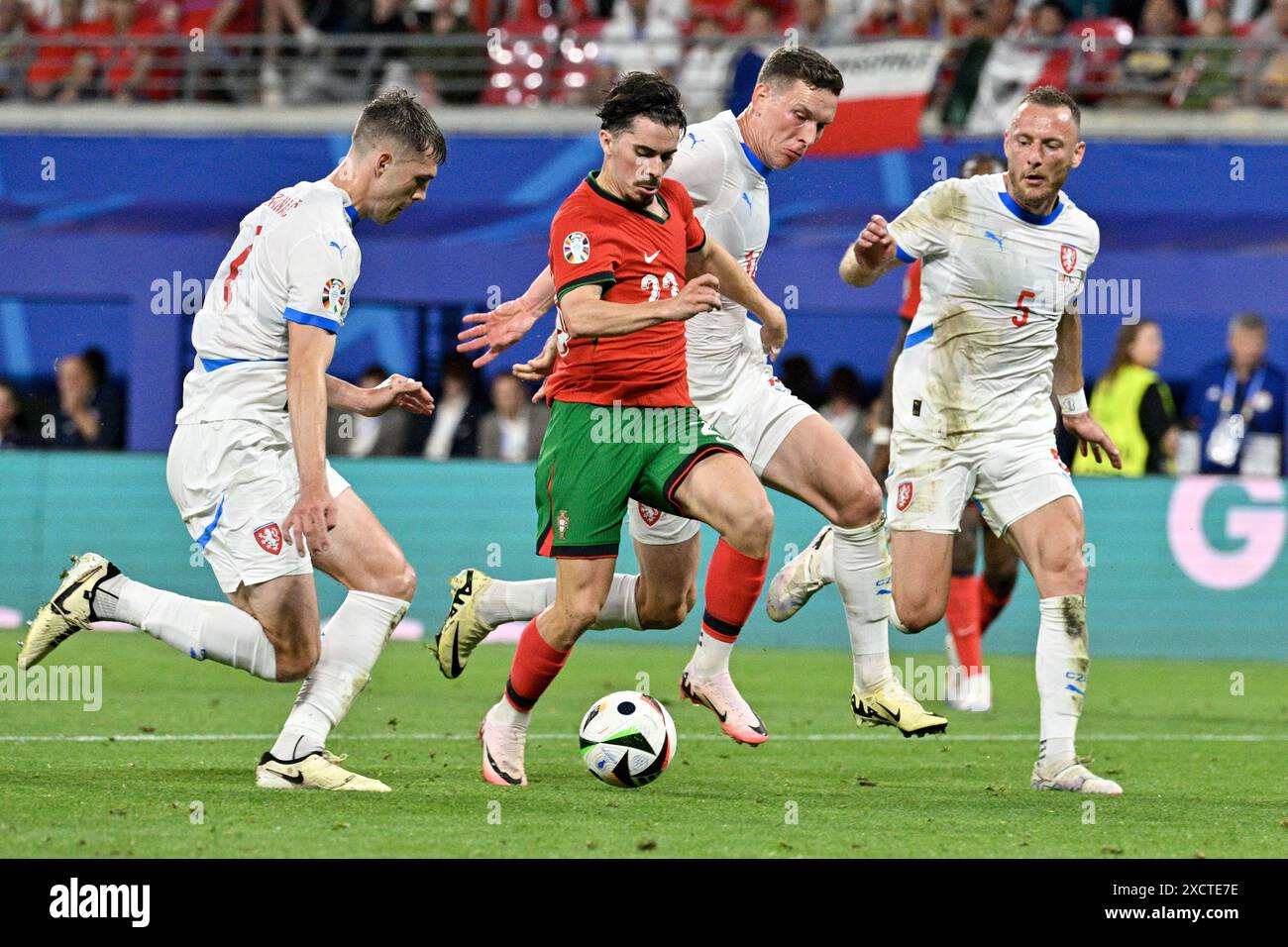 Lipsko, Germany. 18th June, 2024. From left Czech Robin Hranac, Vitinha ...