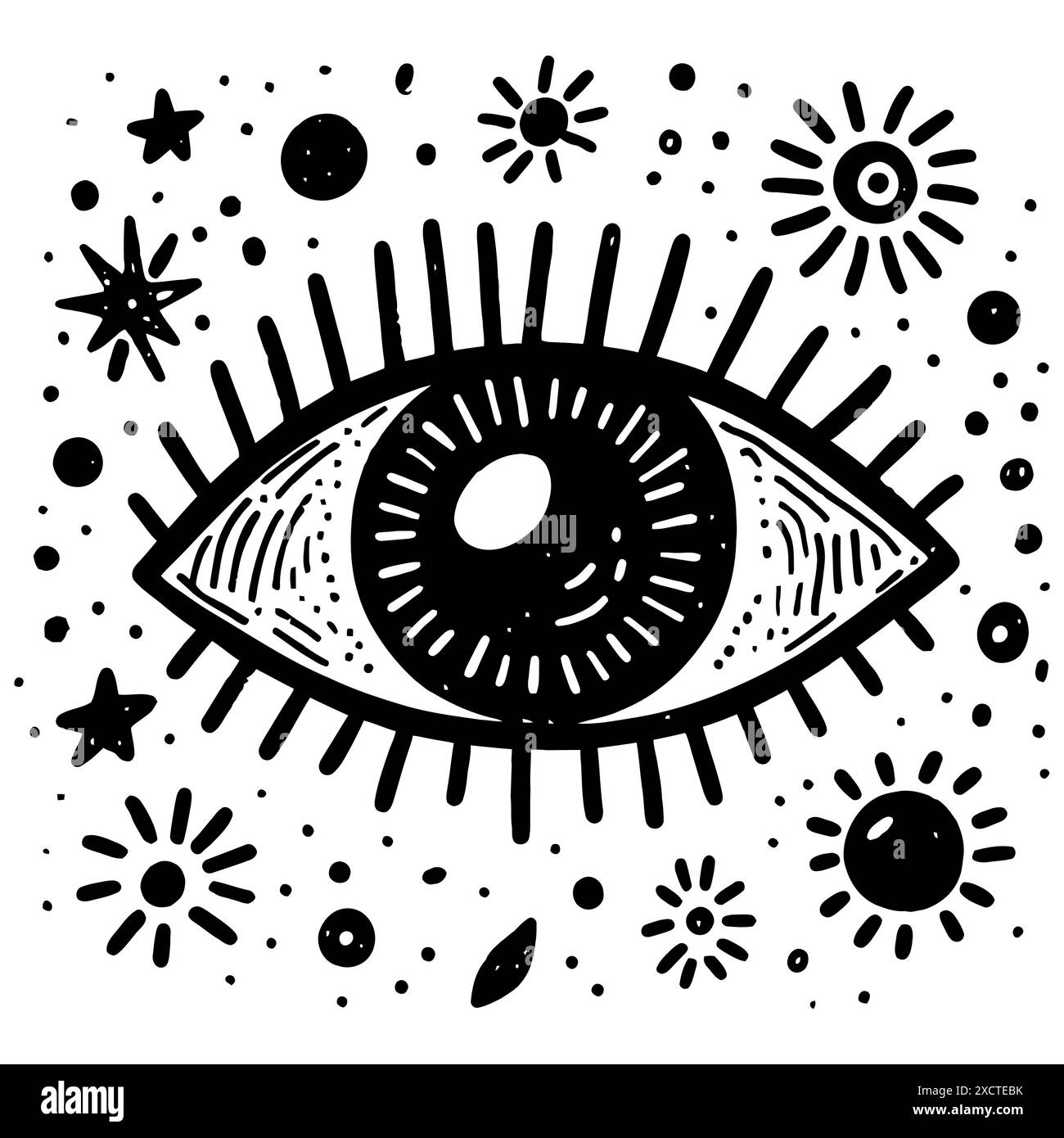 Black and white illustration of an open eye surrounded by stars and ...