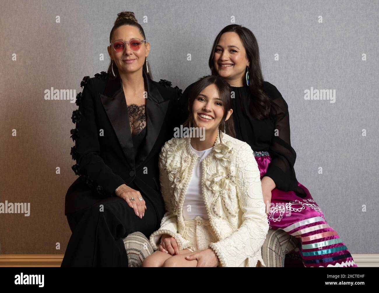 Director Erica Tremblay, left, Lily Gladstone, right, and Isabel Deroy ...