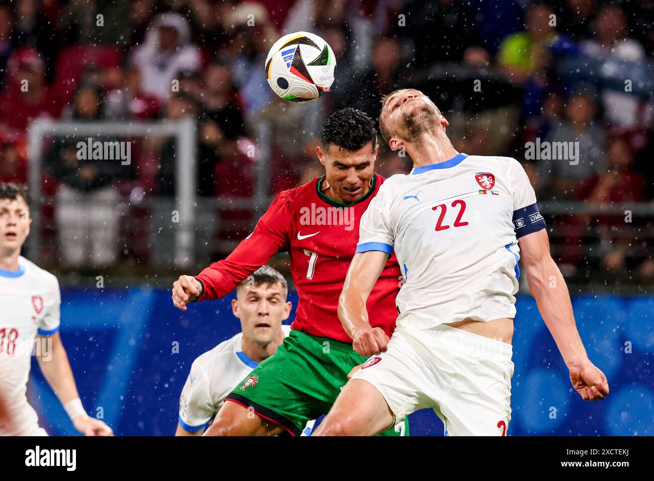 LEIPZIG, GERMANY - JUNE 18: Cristiano Ronaldo of Portugal heads the ...