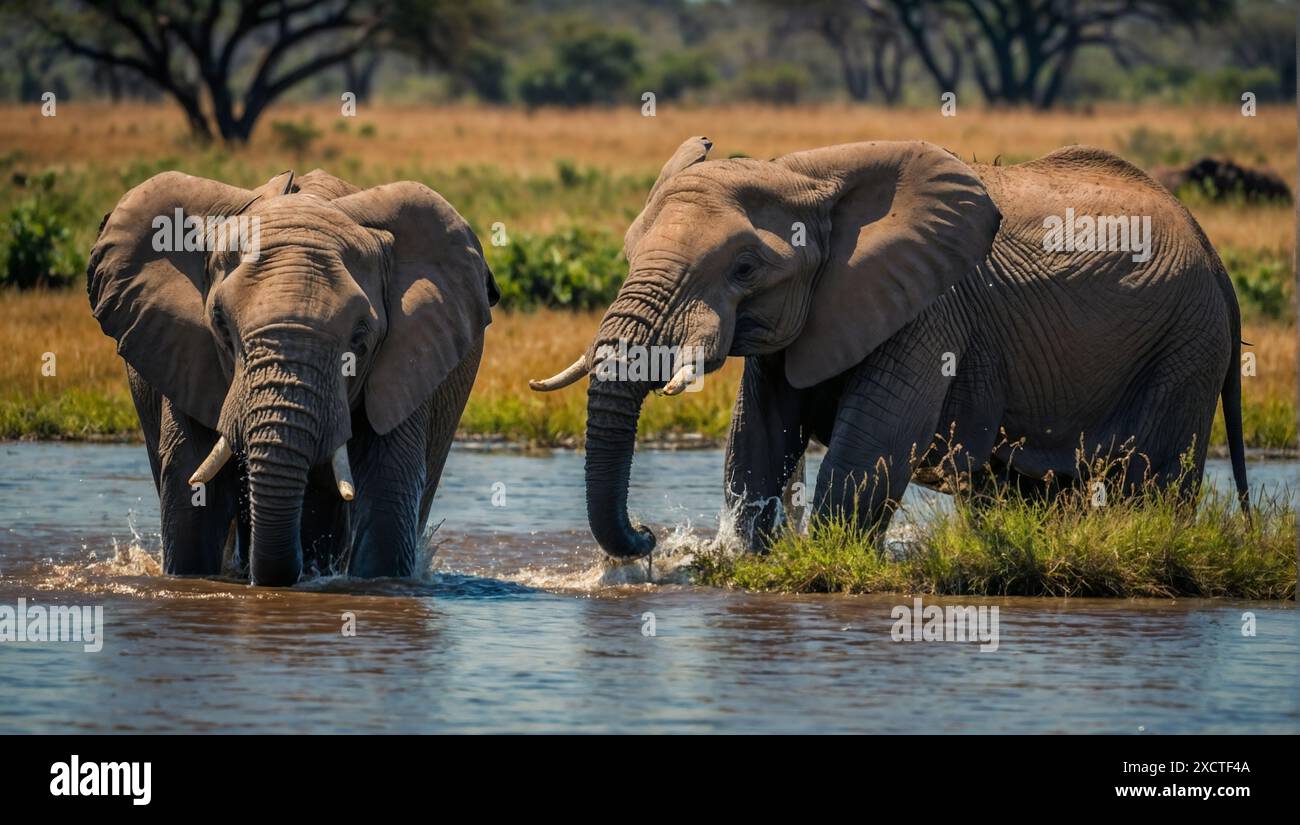 a herd of African elephants bathing in a savannah river Stock Photo - Alamy