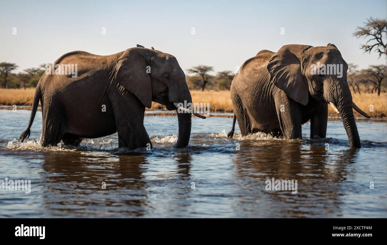a herd of African elephants bathing in a savannah river Stock Photo - Alamy