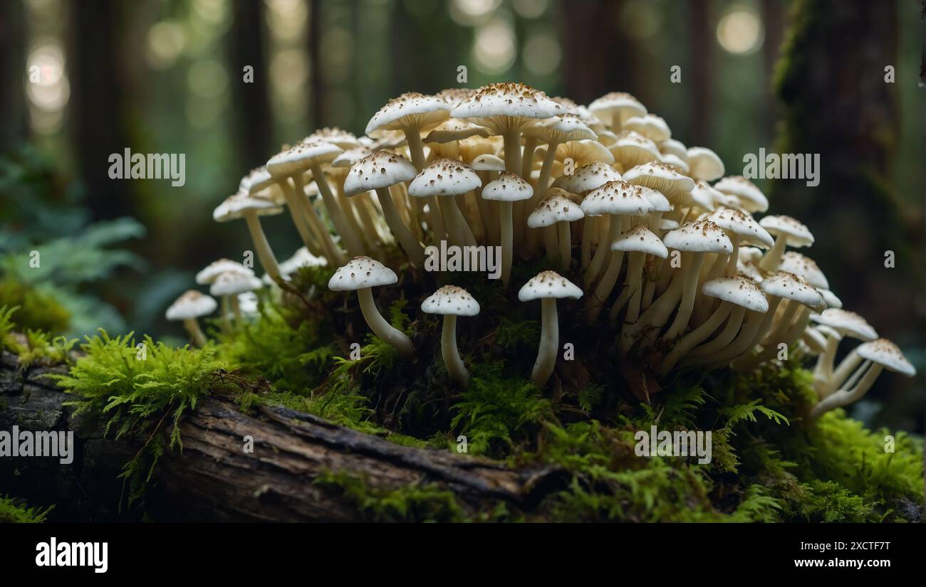 cluster of small white mushrooms growing from an old tree trunk covered ...