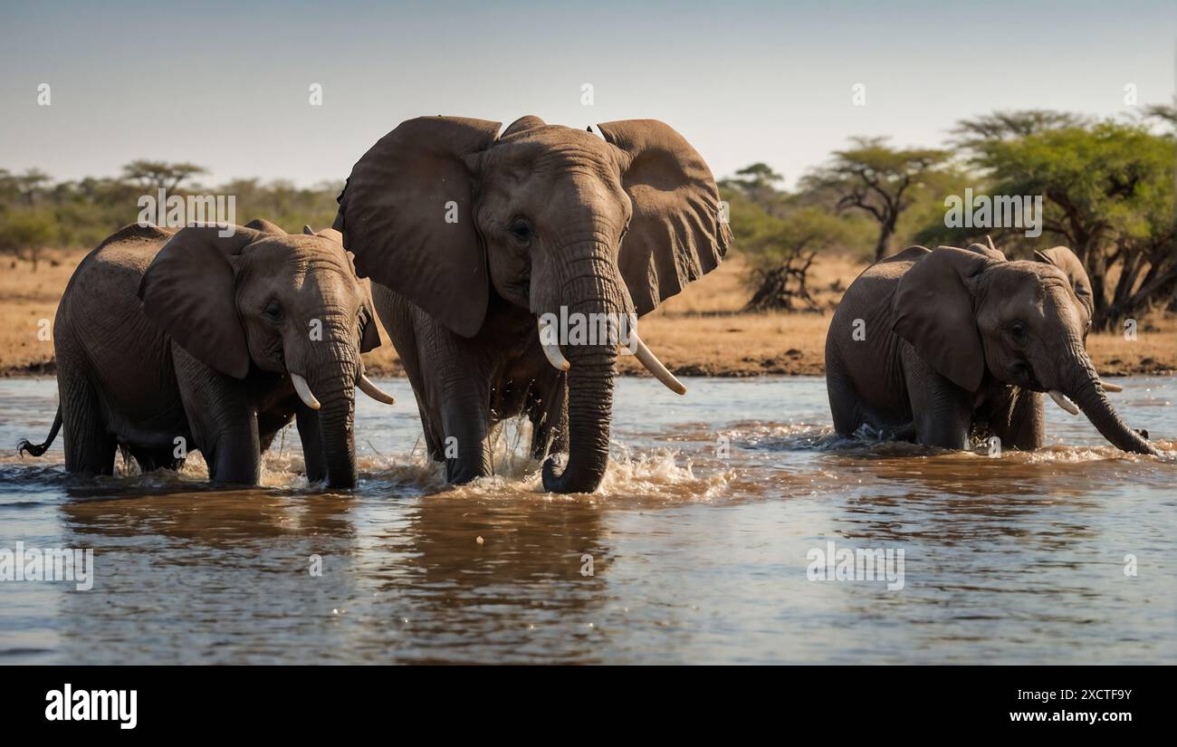 a herd of African elephants bathing in a savannah river Stock Photo - Alamy