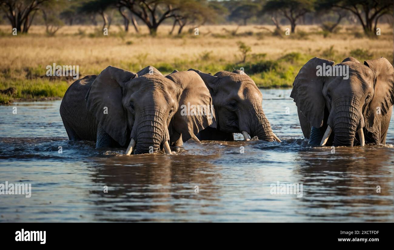 a herd of African elephants bathing in a savannah river Stock Photo - Alamy