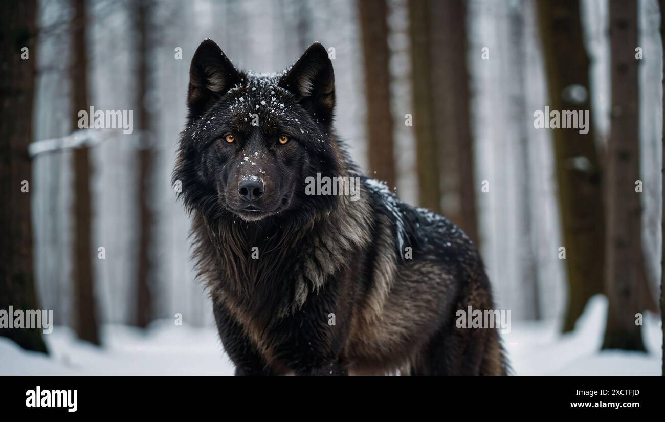 black wolf standing on a forest path in winter close-up Stock Photo - Alamy