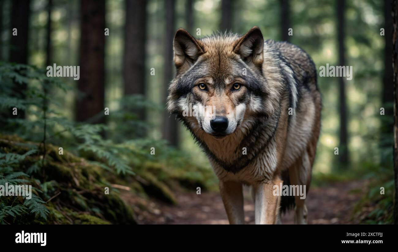 wolf standing on a forest path in close-up Stock Photo - Alamy