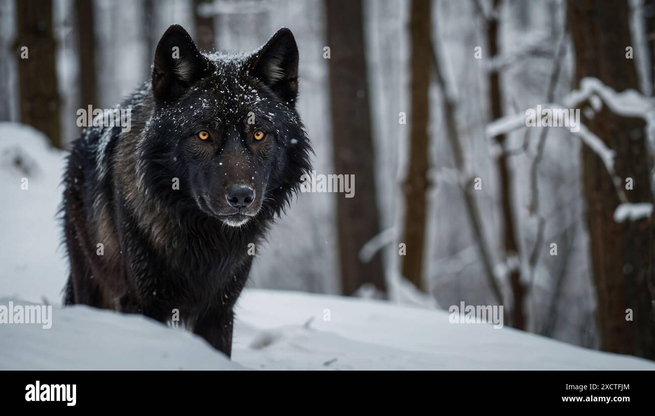 black wolf standing on a forest path in winter close-up Stock Photo - Alamy