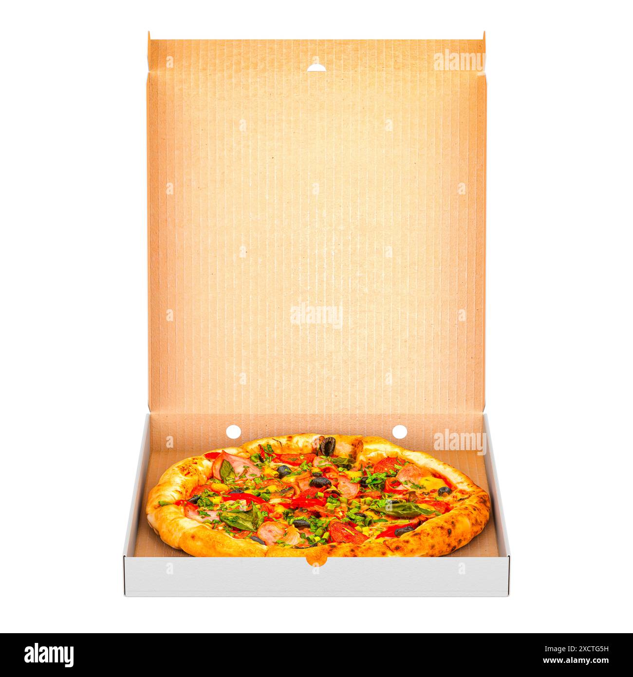 Pizza box with pizza, 3D rendering isolated on white background Stock ...