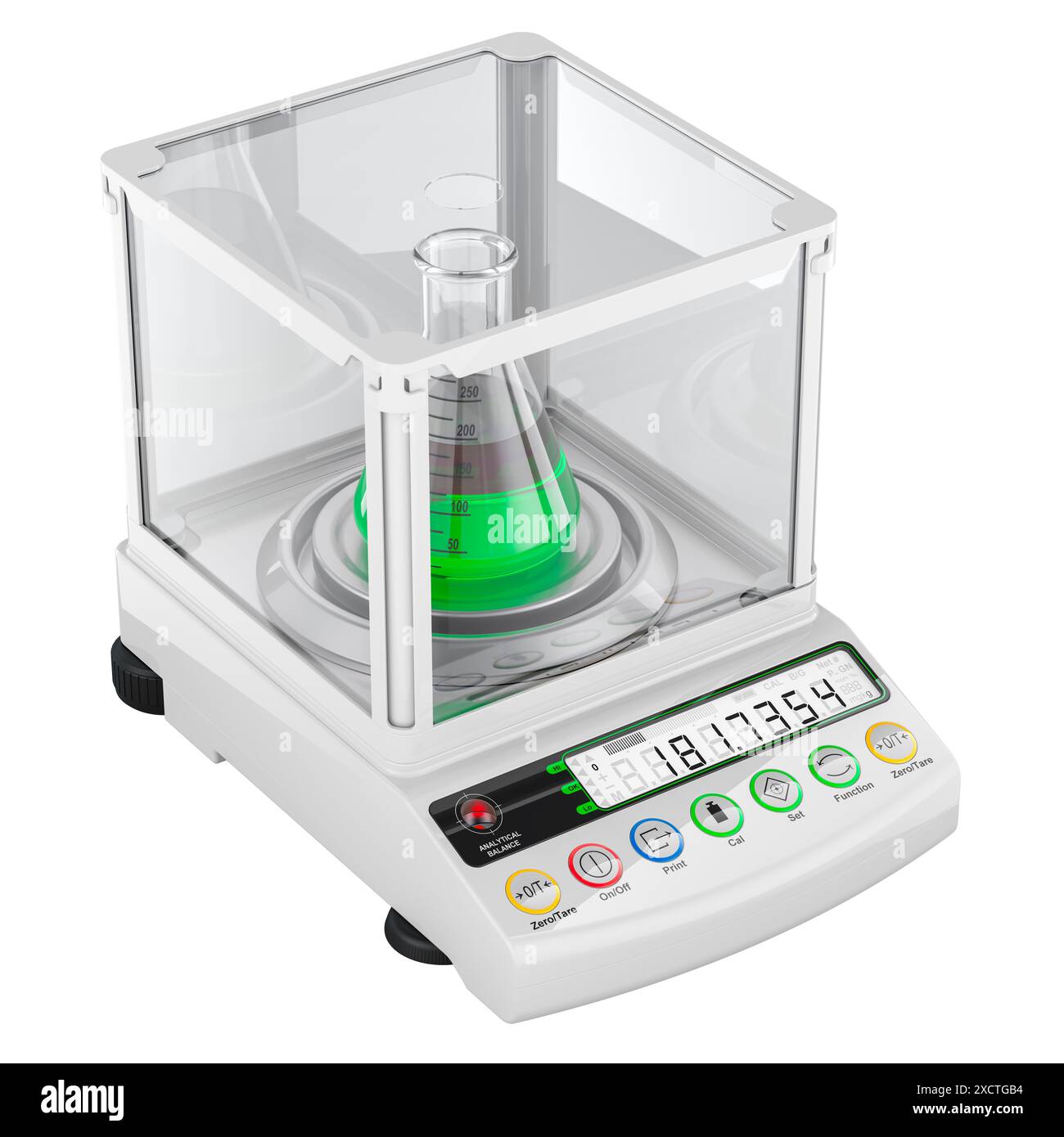 Digital lab scale, analytical balance with chemical flask. 3D rendering ...