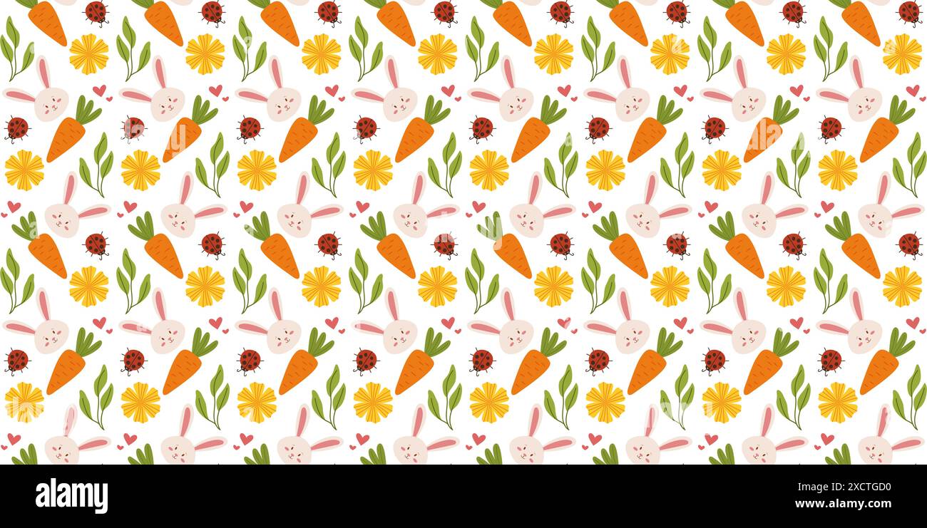 Spring pattern with ladybug and carrots in a hand-drawn vector style ...