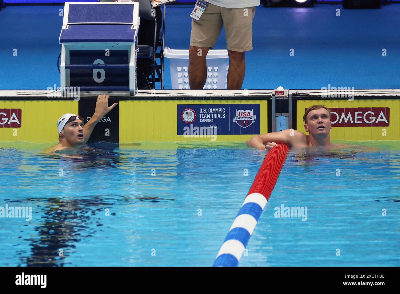 June 18, 2024, Indianapolis, Indiana, USA: Luca Urlando (left) and Trenton Julian after swimming ...