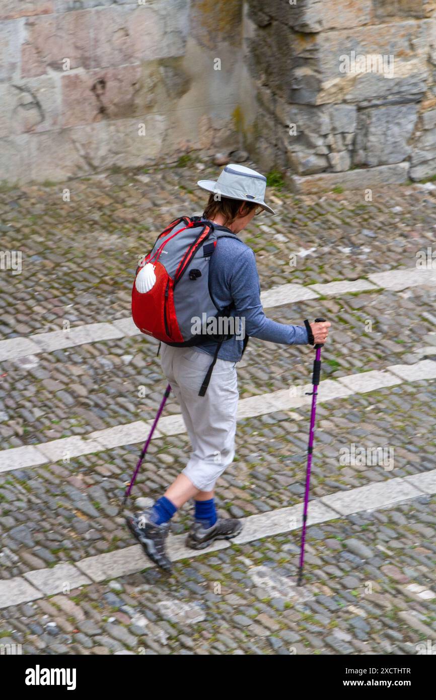 Pilgrim leaving the Spanish village of Roncesvalles on the second stage ...