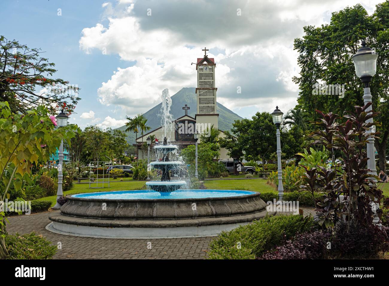 San Juan Bosco church and park in in downtown La Fortuna in Costa Rica ...