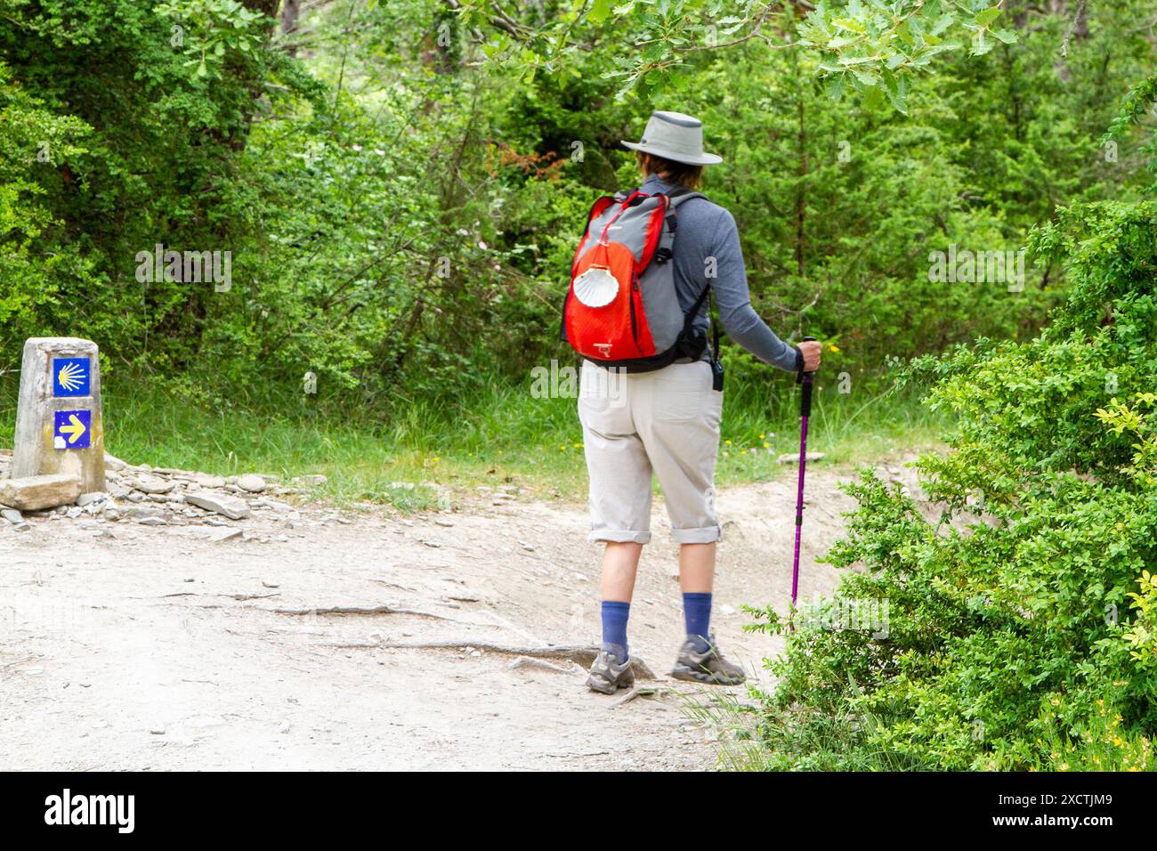 Woman pilgrim approaching the Spanish village of Zubiri after walking ...