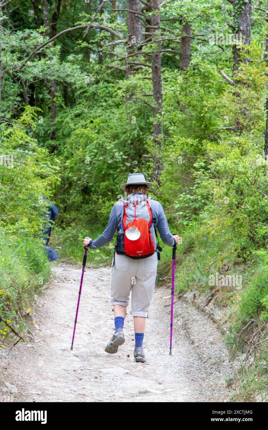 Woman pilgrim approaching the Spanish village of Zubiri after walking ...