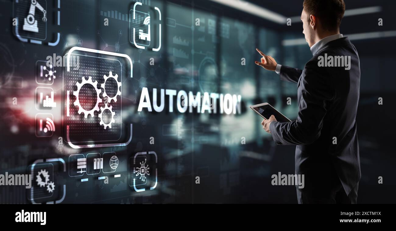 Man clicks on 3d virtual screen Automation. Optimization of business ...