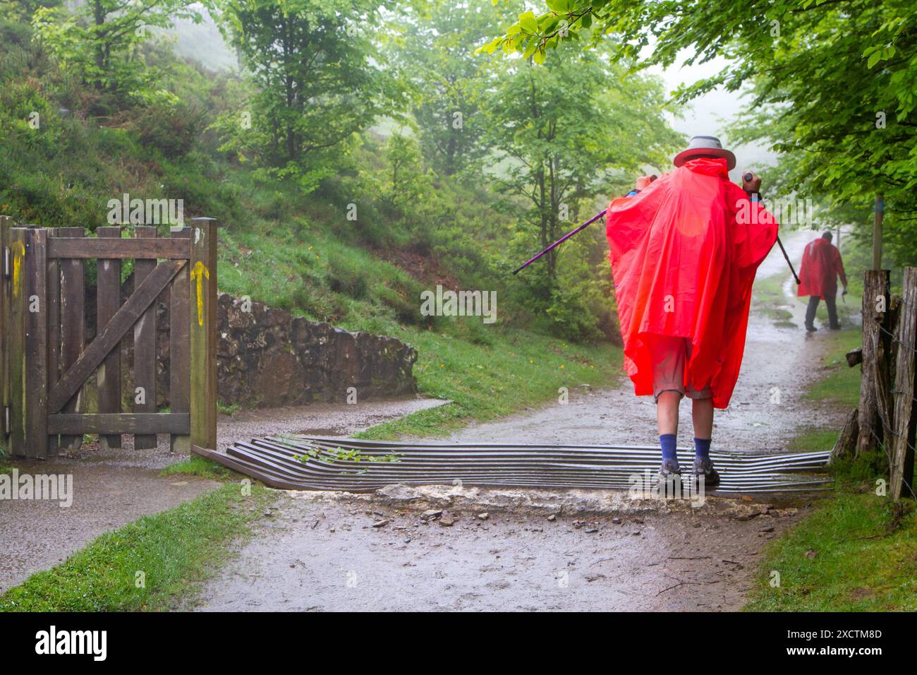 Pilgrim crossing the French Spanish border while walking the Camino de ...
