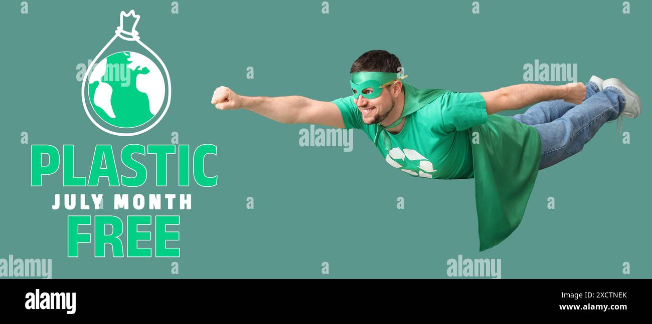 Man dressed as eco superhero on green background. Plastic Free July ...