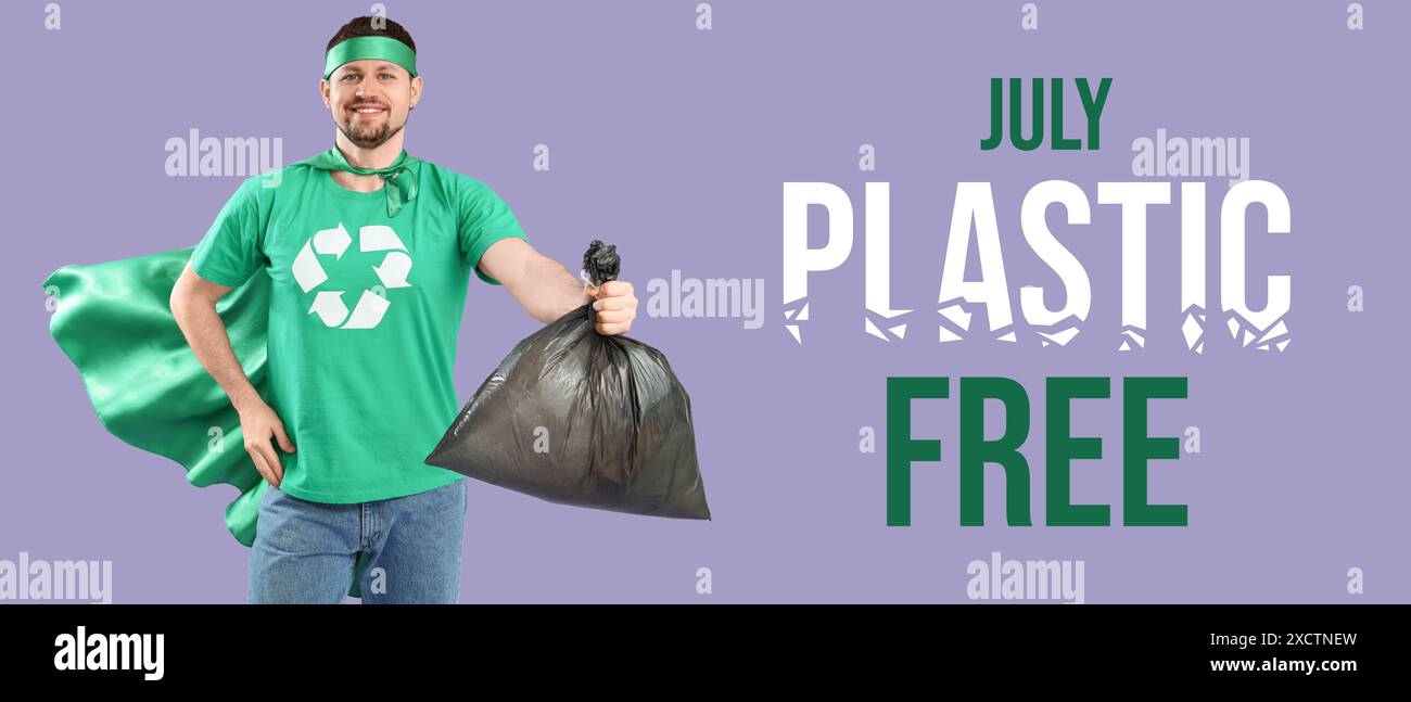 Man dressed as eco superhero holding garbage bag on lilac background ...