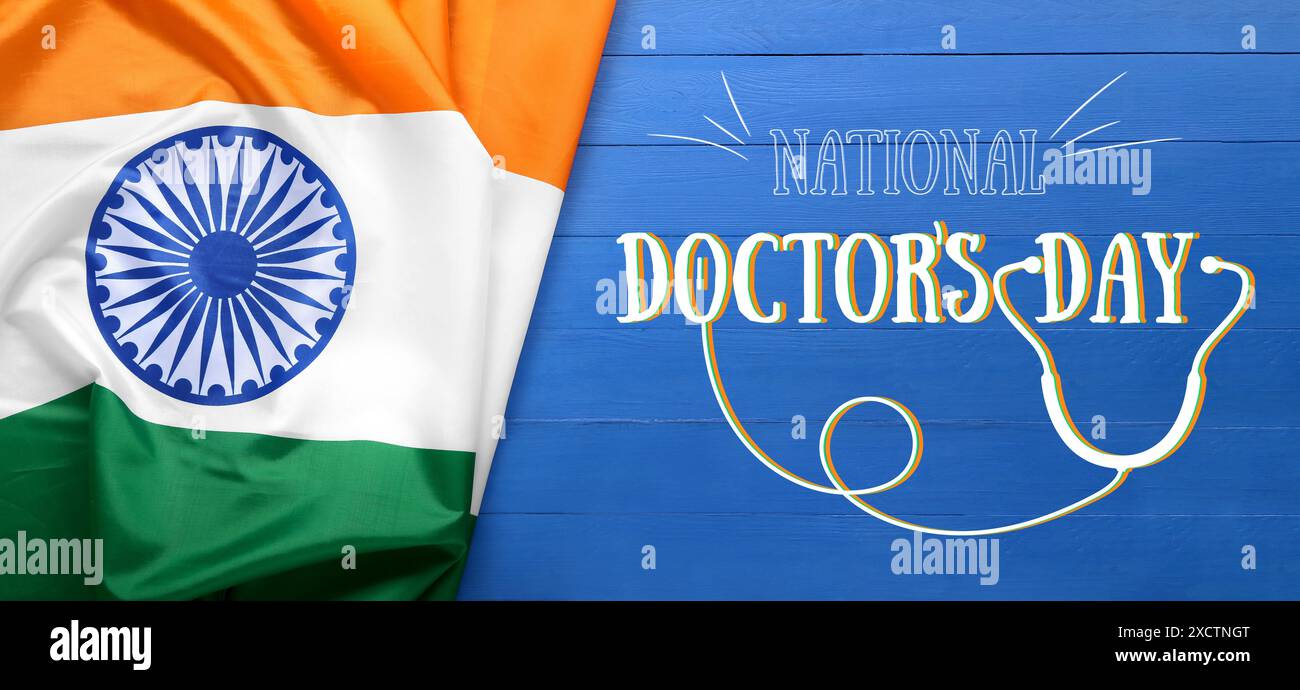 Flag of India and text NATIONAL DOCTOR'S DAY on blue wooden background ...