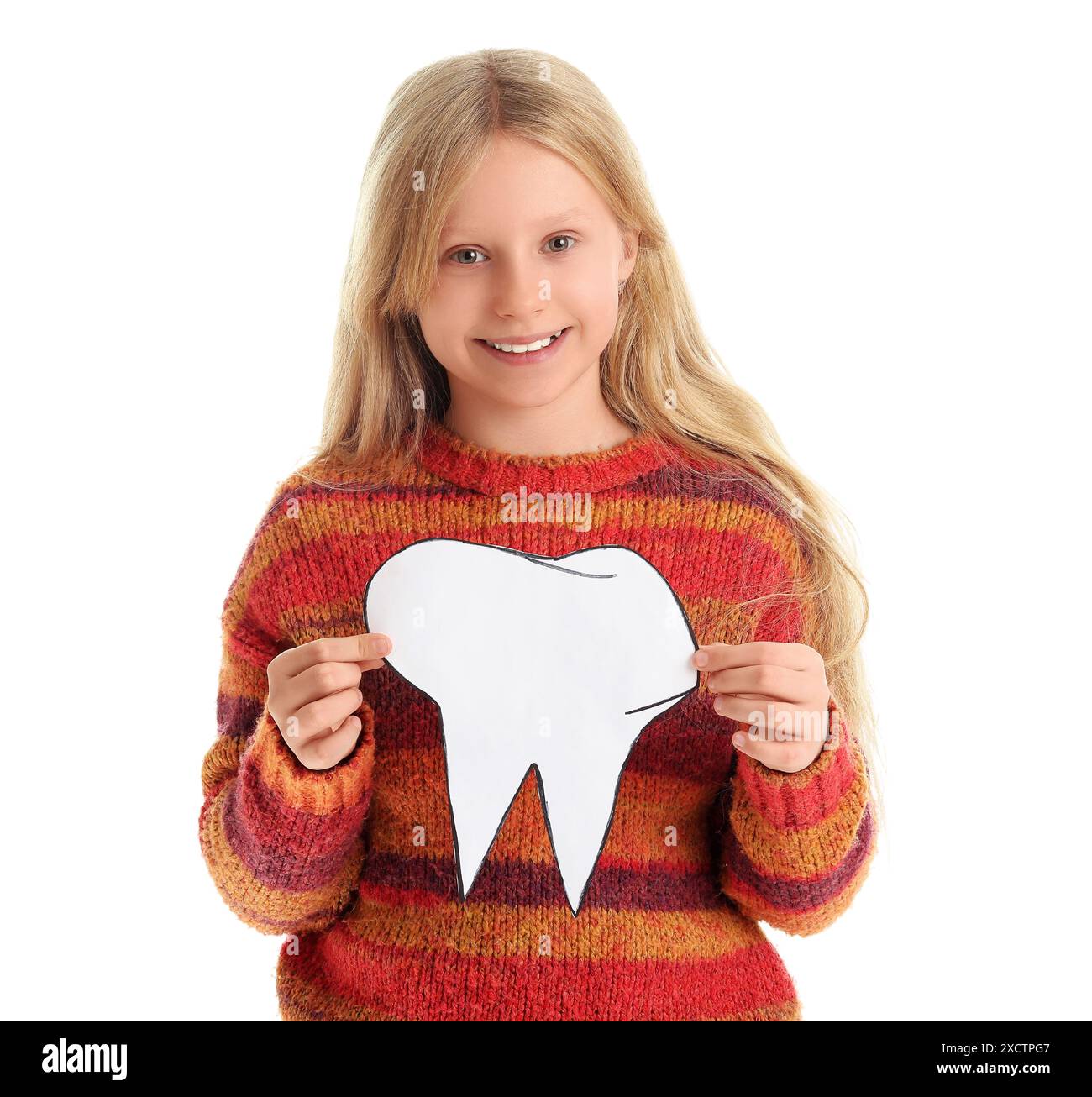 Happy little girl with healthy teeth and paper tooth isolated on white ...