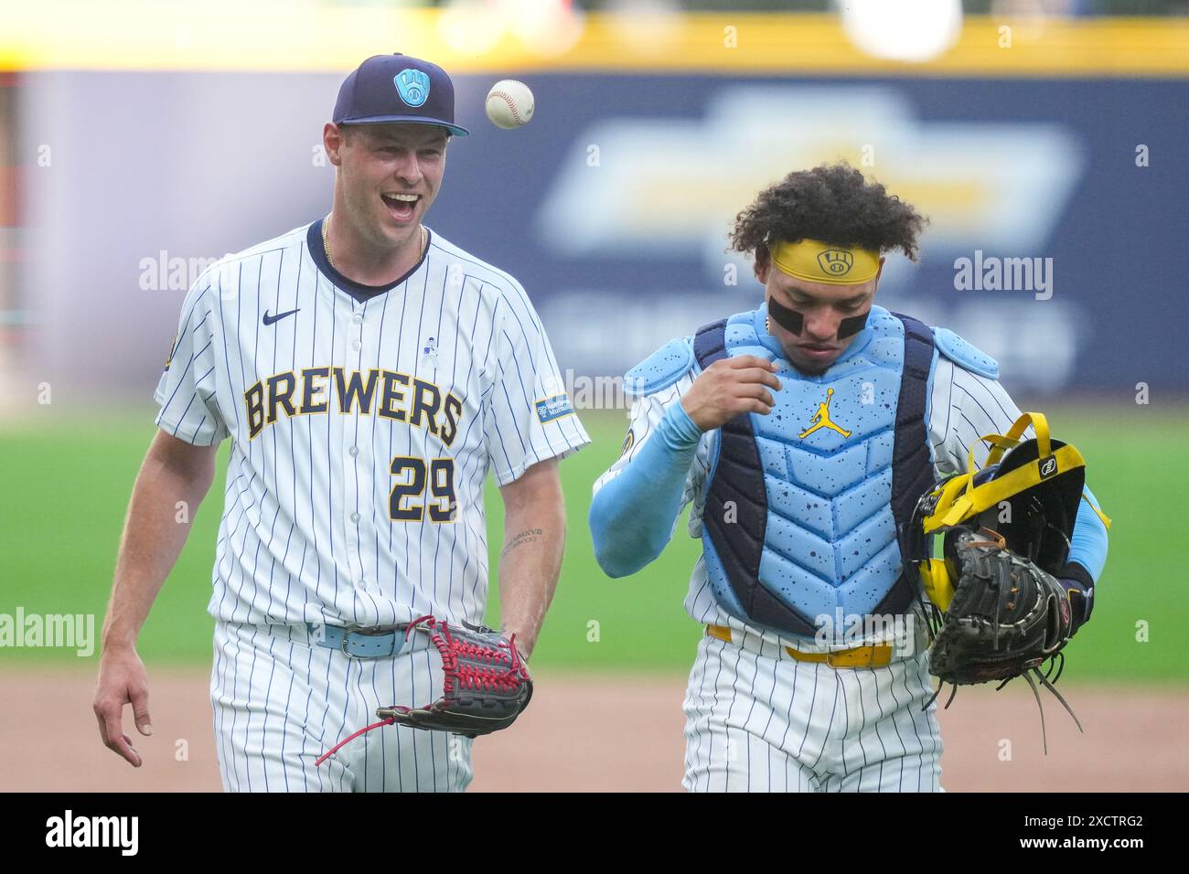 Milwaukee Brewers relief pitcher Trevor Megill (29) and catcher William ...