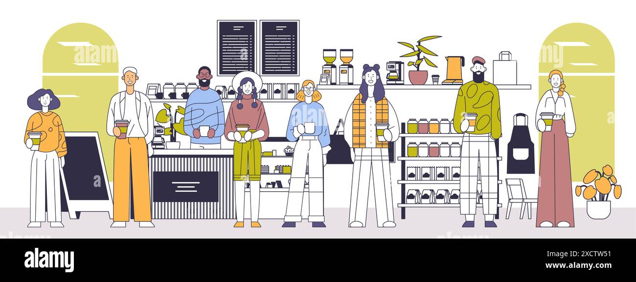 Coffee shop scene with diverse people holding drinks standing in front ...