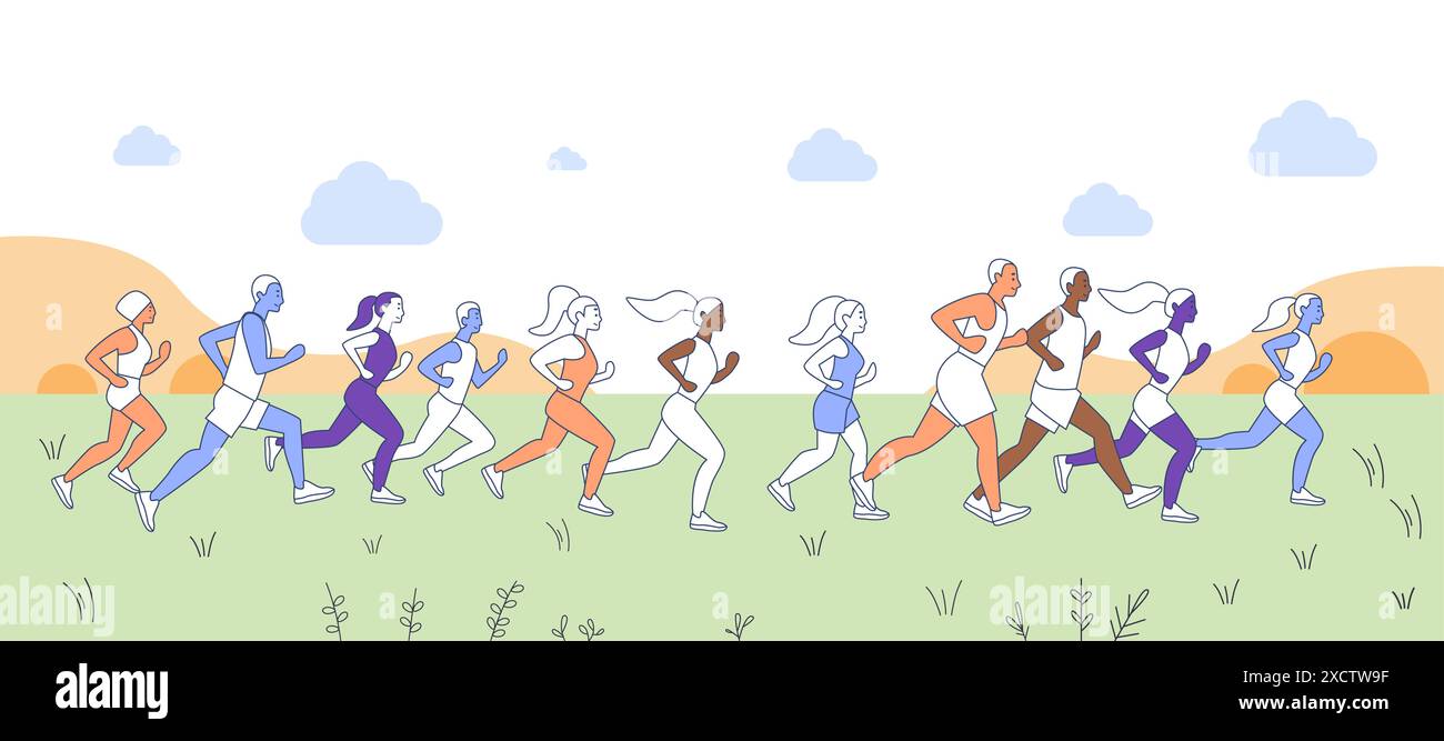 Group of diverse runners jogging outdoors in nature with hills and ...