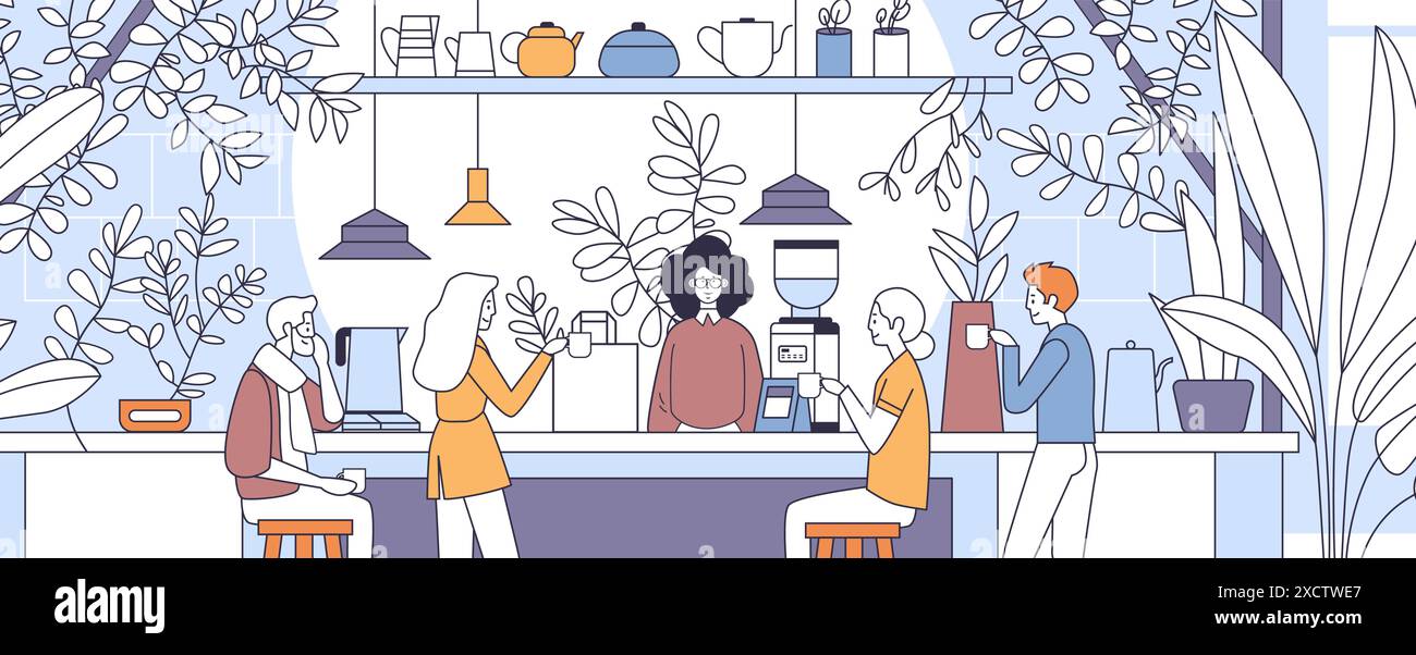 Cafe interior with people enjoying coffee plants and modern decor. Cozy ...