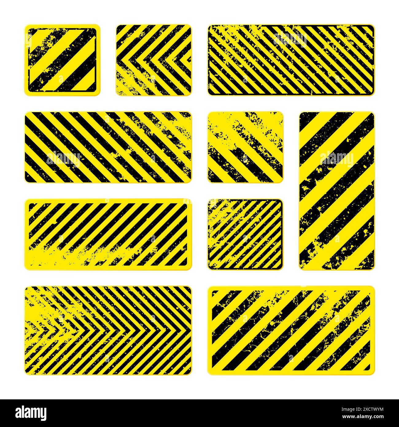 Various yellow grunge warning signs with diagonal lines. Old attention ...