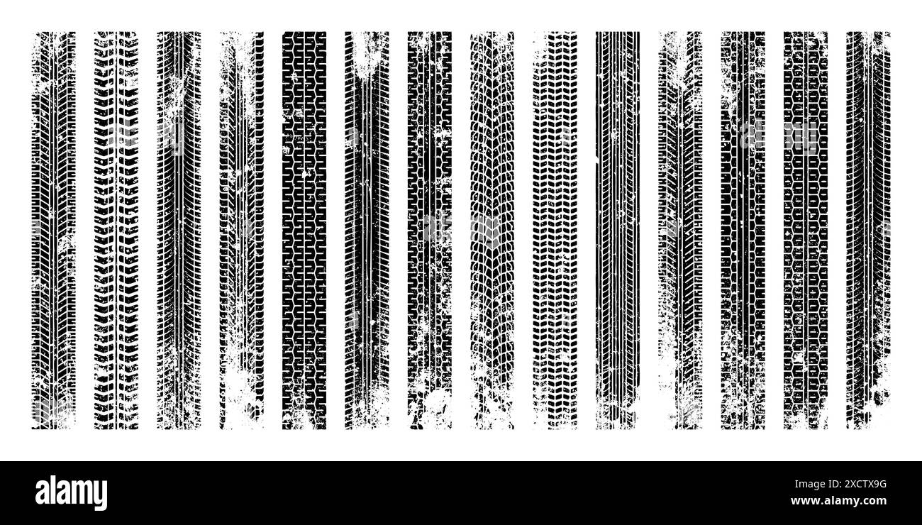 Grunge tire tracks, wheel braking marks. Truck, car or motorcycle tread ...