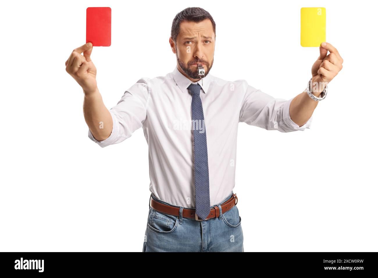 Man blowing a whistle and showing a red and yellow card isolated on ...