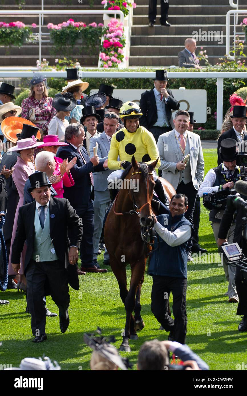 Ascot, UK. 18th June, 2024. Jockey Sean Levy on horse Rosallion wins ...