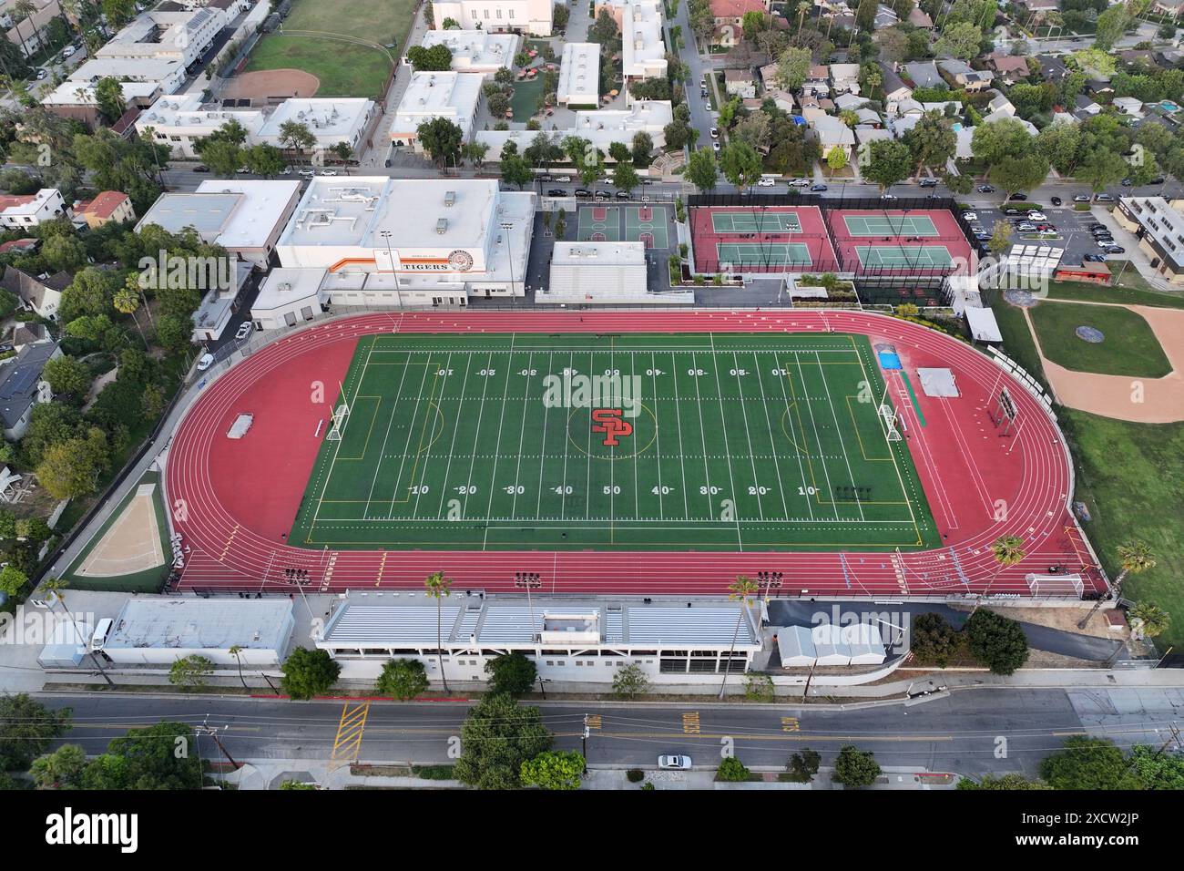 An aerial view of the track and Football field at Ray Solari Stadium at ...