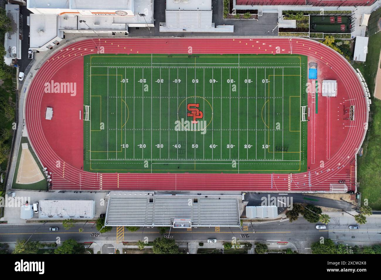 An aerial view of the track and Football field at Ray Solari Stadium at ...