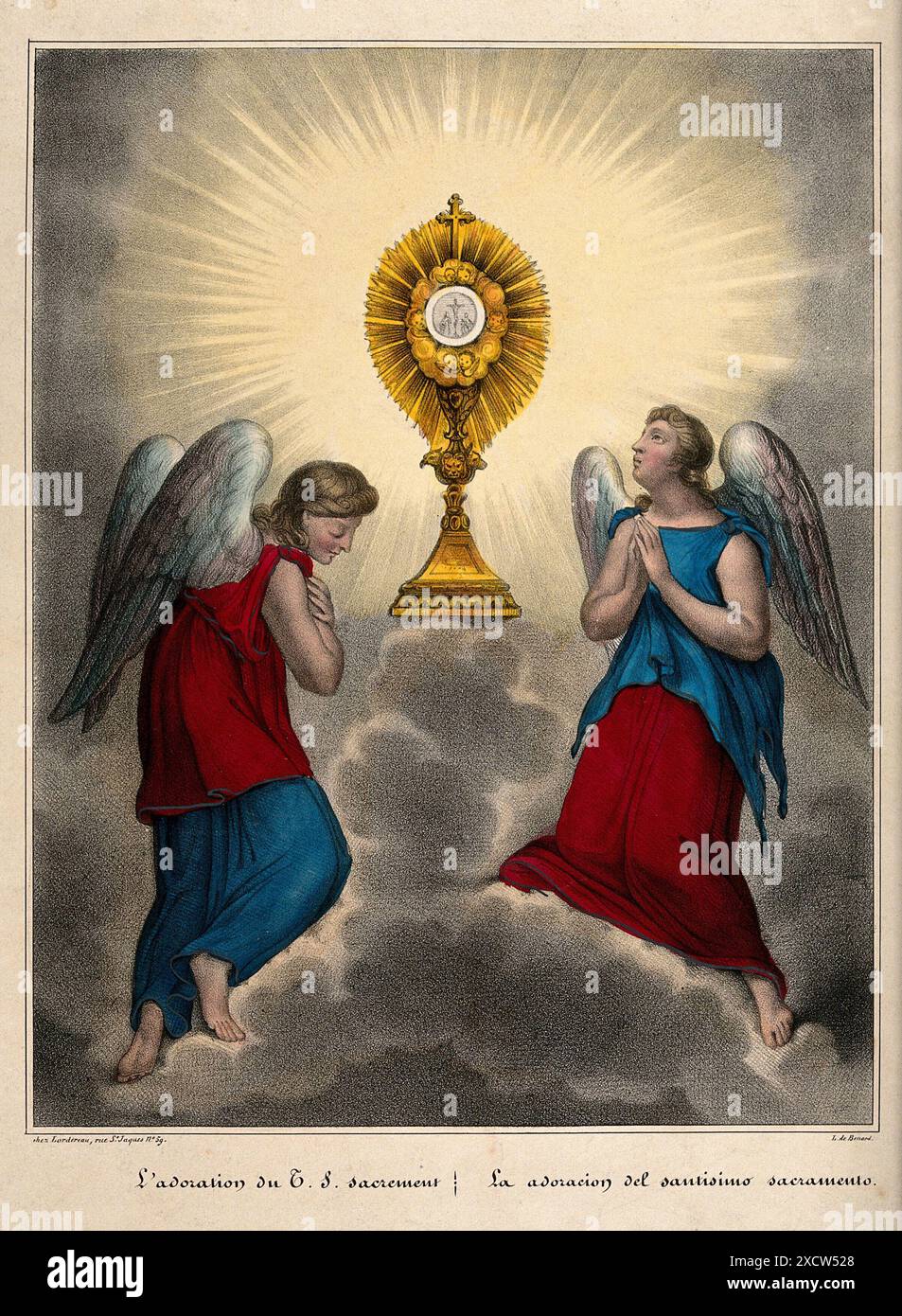 This 1842 colored lithograph depicts two angels in prayer before a ...