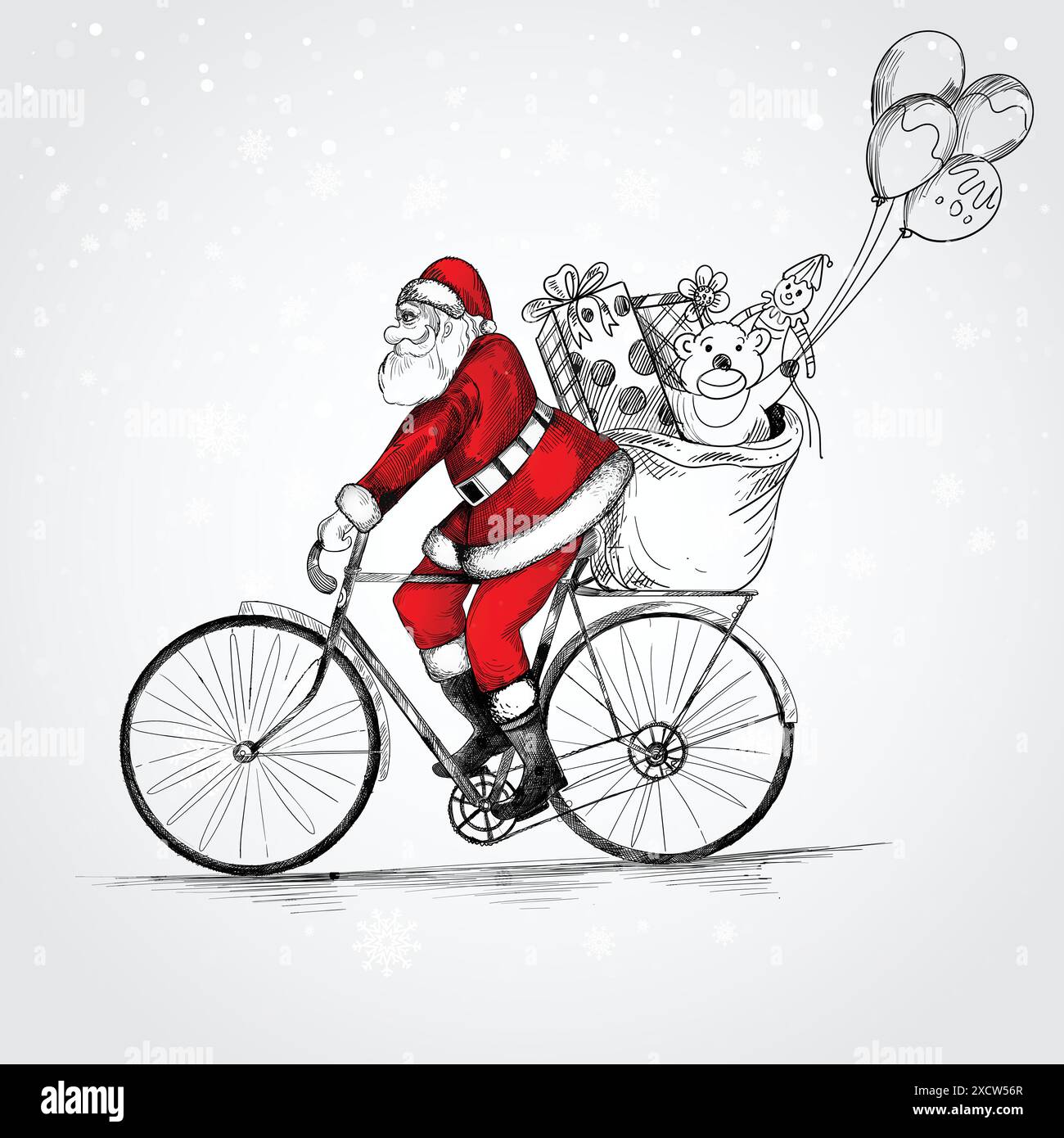 Hand drawn santa claus on riding a bicycle delivering christmas gifts ...