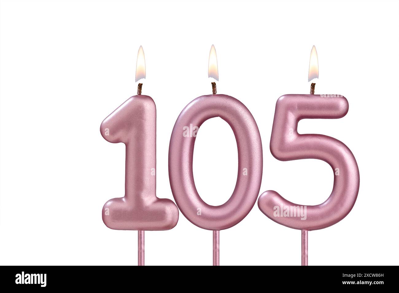 Candle number 105 - Lit birthday candle on white background Stock Photo ...
