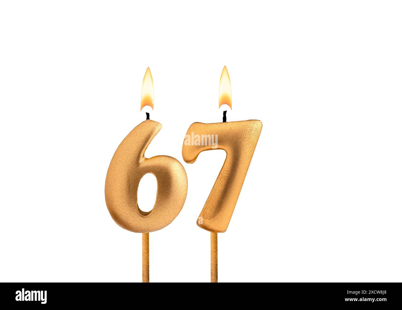 Golden candle number 67 - Birthday on white background Stock Photo - Alamy